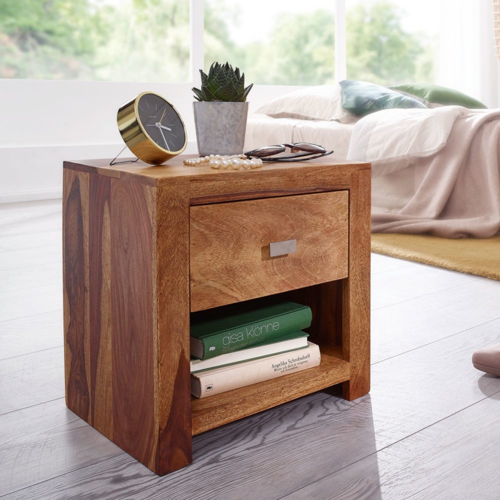 Nightstand Solid Wood Sheesham Night-dresser 40 Cm 1 Drawer 1 Drawer ...