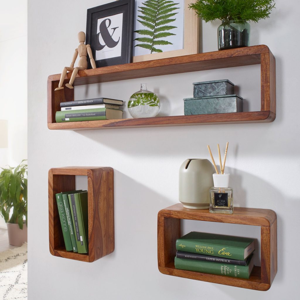 Set Of 3 Wall Shelves Solid Wood Sheesham Wood Shelving Country Style ...