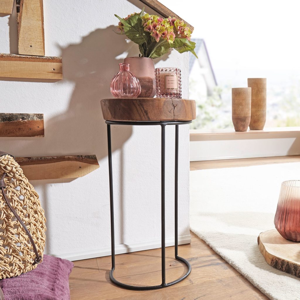Beistelltisch AKOLA Massiv-Holz Sheesham Wohnzimmer-Tisch Metallbeine ...