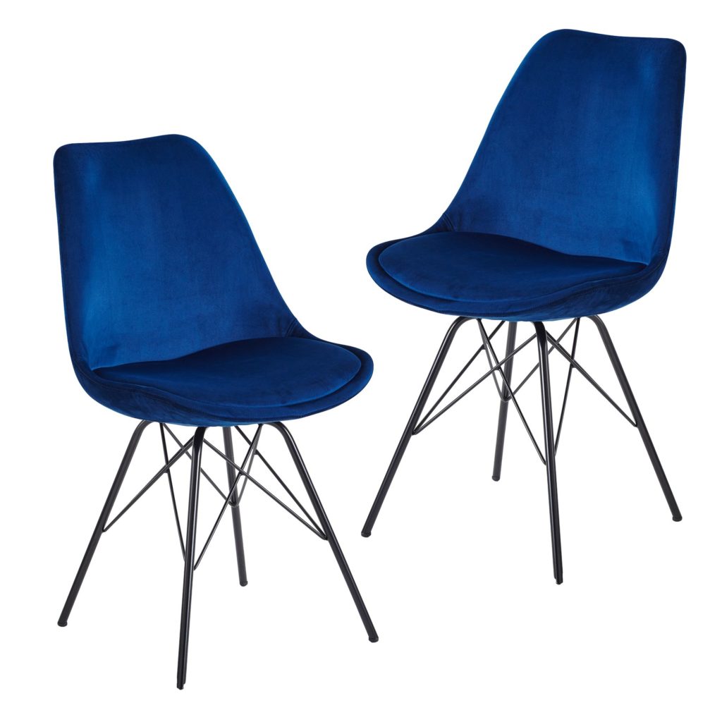 Dining Set Of 2 Velvet Blue Kitchen Chair With Black Legs • ArtKomfort